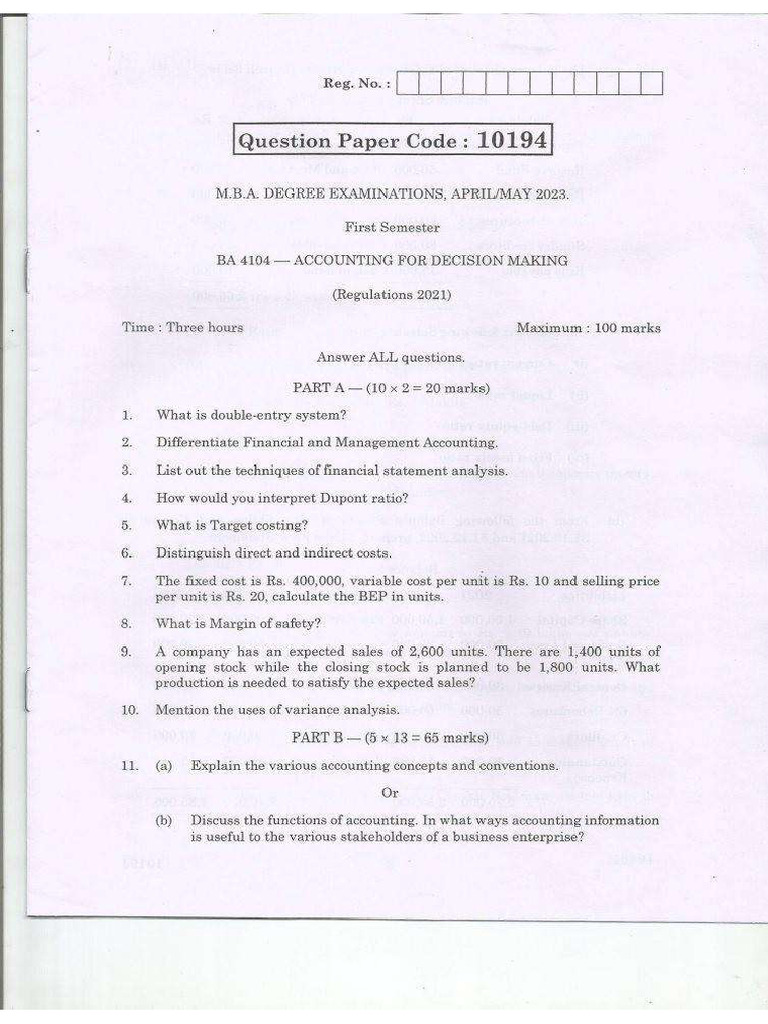Accounting For Decision Making - BA4104 2021 Regulation - Question ...