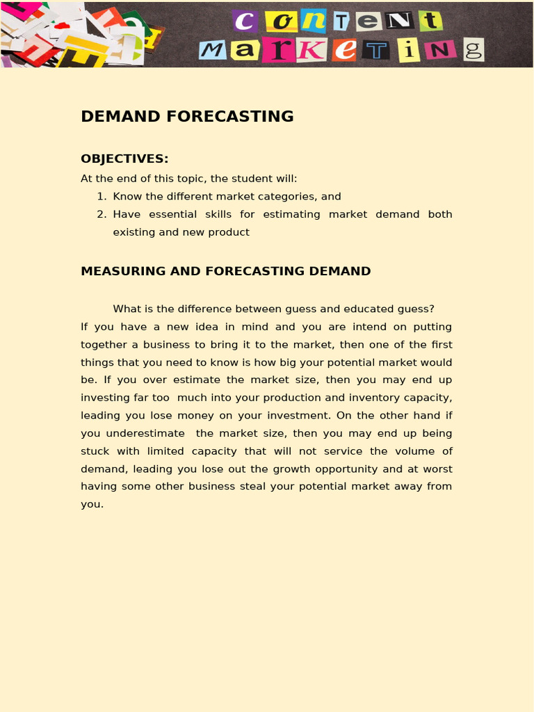 CHAPTER 2 LESSON 3 (DEMAND FORECASTING) | PDF | Forecasting | Business CHAPTER 2 LESSON 3 (DEMAND FORECASTING) | PDF | Forecasting | Business