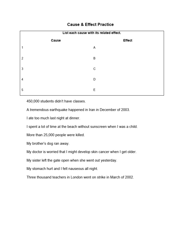 Cause & Effect Practice for Students | PDF