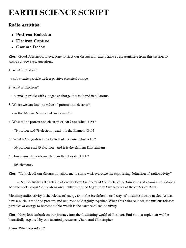 EARTH SCIENCE SCRIPT | PDF | Radioactive Decay | Atoms