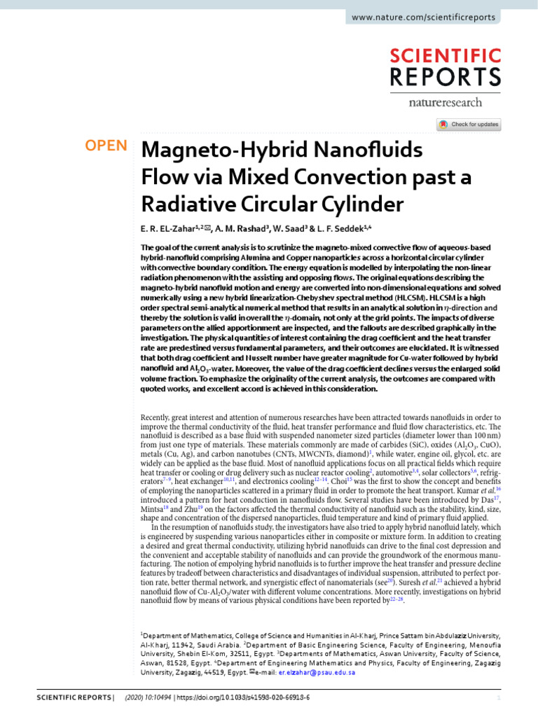 Magneto-Hybrid Nanofluids Flow Via Mixed Convection Past A Radiative Circular Cylinder | PDF ...