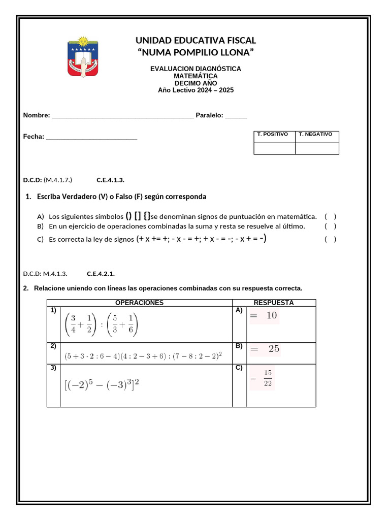 Prueba de Diagnostico Décimo Egb 2024 - 2025 | PDF | Ecuaciones | Análisis matemático
