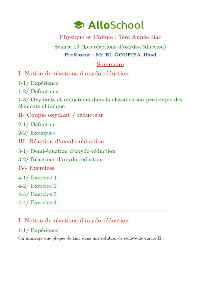 Seance 13 Les Reactions D Oxydo Reduction 2 | PDF