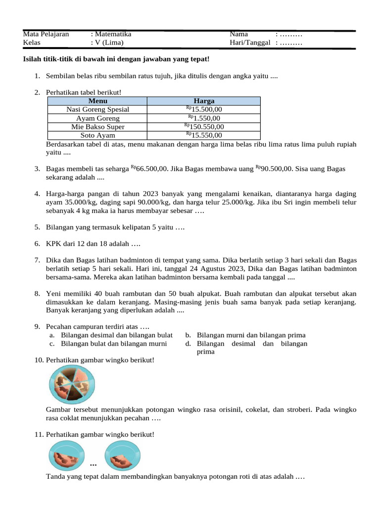 Soal Asas Ganjil Matematika Kelas 5 | PDF