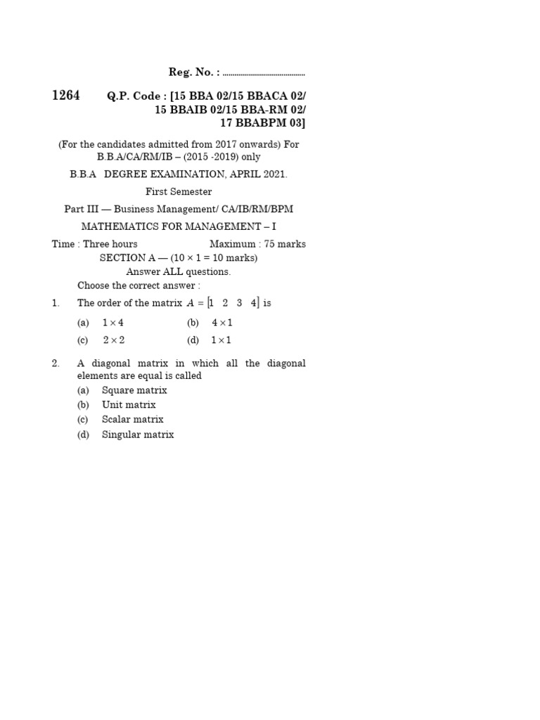 Bba 1 Sem BM Ca Ib RM BPM Mathematics For Management 1 1264 Apr 2021 | PDF | Mode (Statistics ...