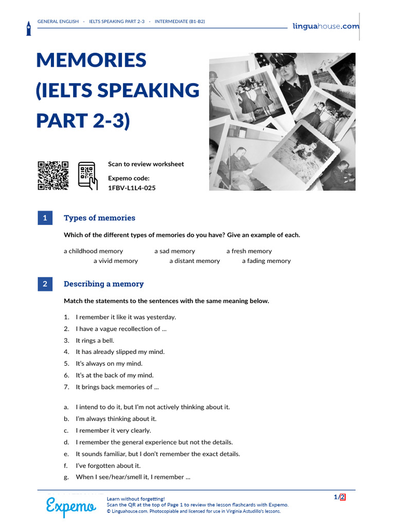 Memories Ielts Speaking Part 2 3 British English Student B1 B2 | PDF ...