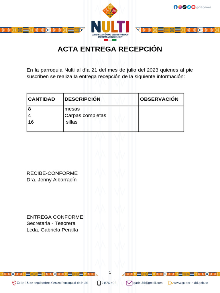 Acta de Entrega Recepción Nulti 2023 | PDF