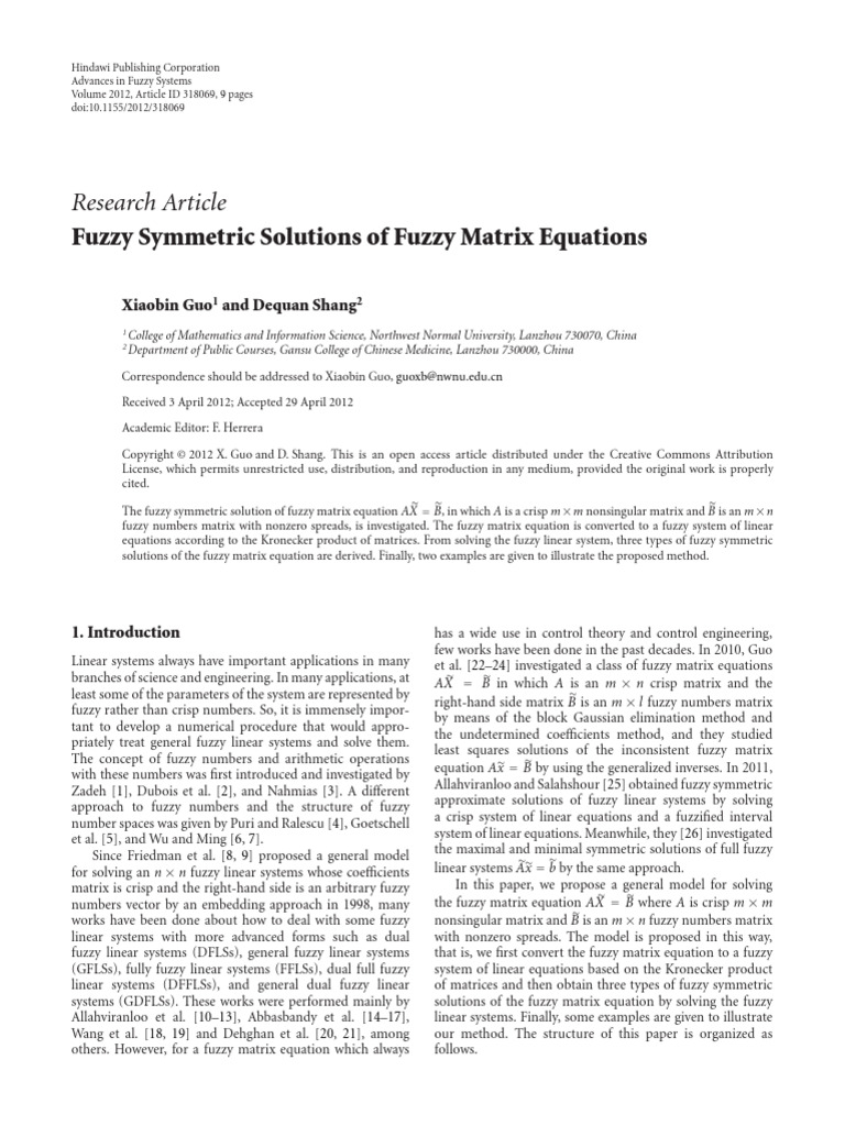 Fuzzy Symmetric Solutions of Fuzzy Matrix Equation | PDF | System Of Linear Equations | Matrix ...