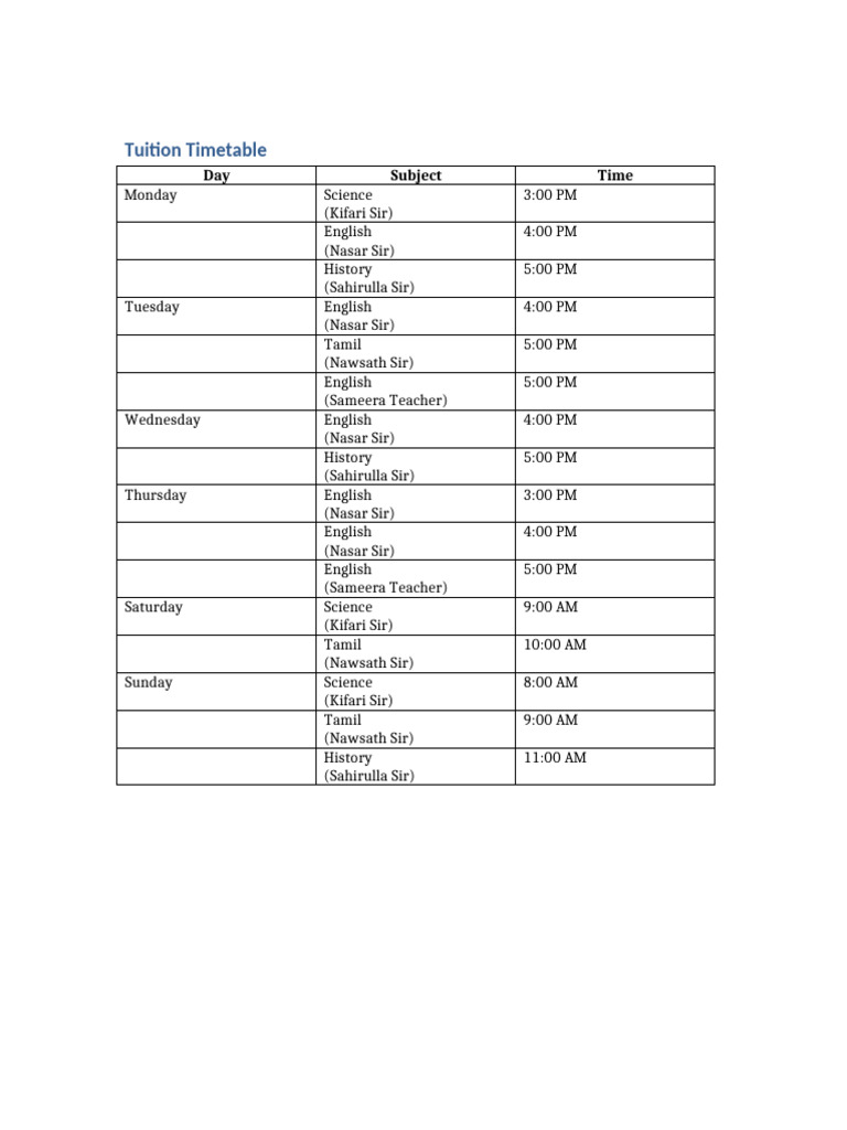 Updated Tuition Timetable | PDF