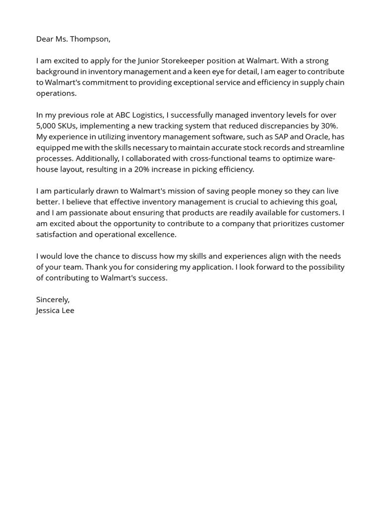 Junior Storekeeper Cover Letter | PDF