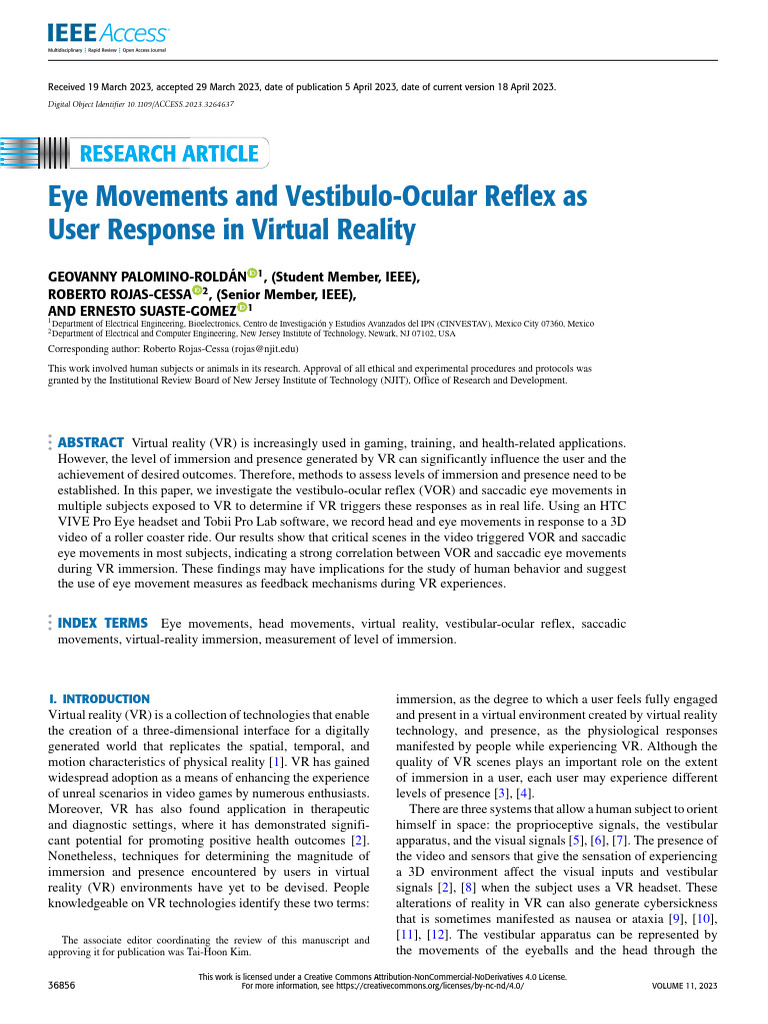 Eye Movements and Vestibulo-Ocular Reflex As User Response in Virtual ...