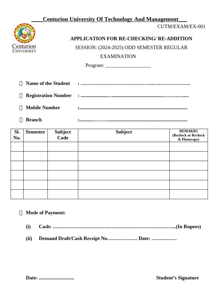 Odd Semester Rechecking Form | PDF
