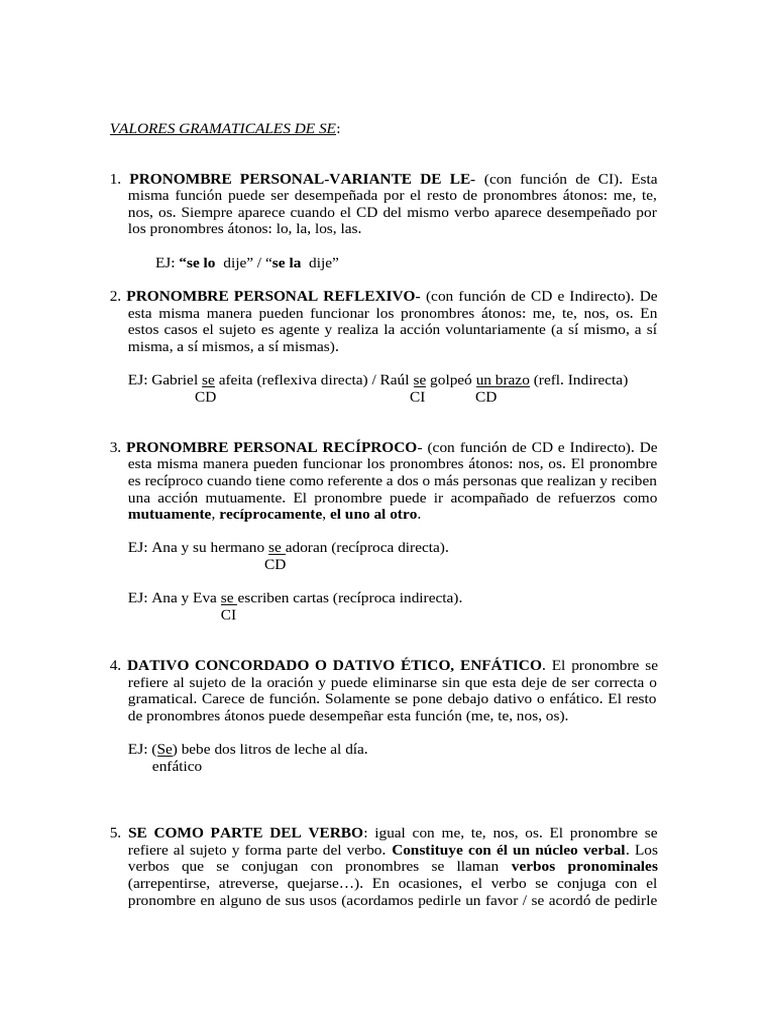 Usos Gramaticales de "Se" en Español | PDF | Verbo | Asunto (gramática)