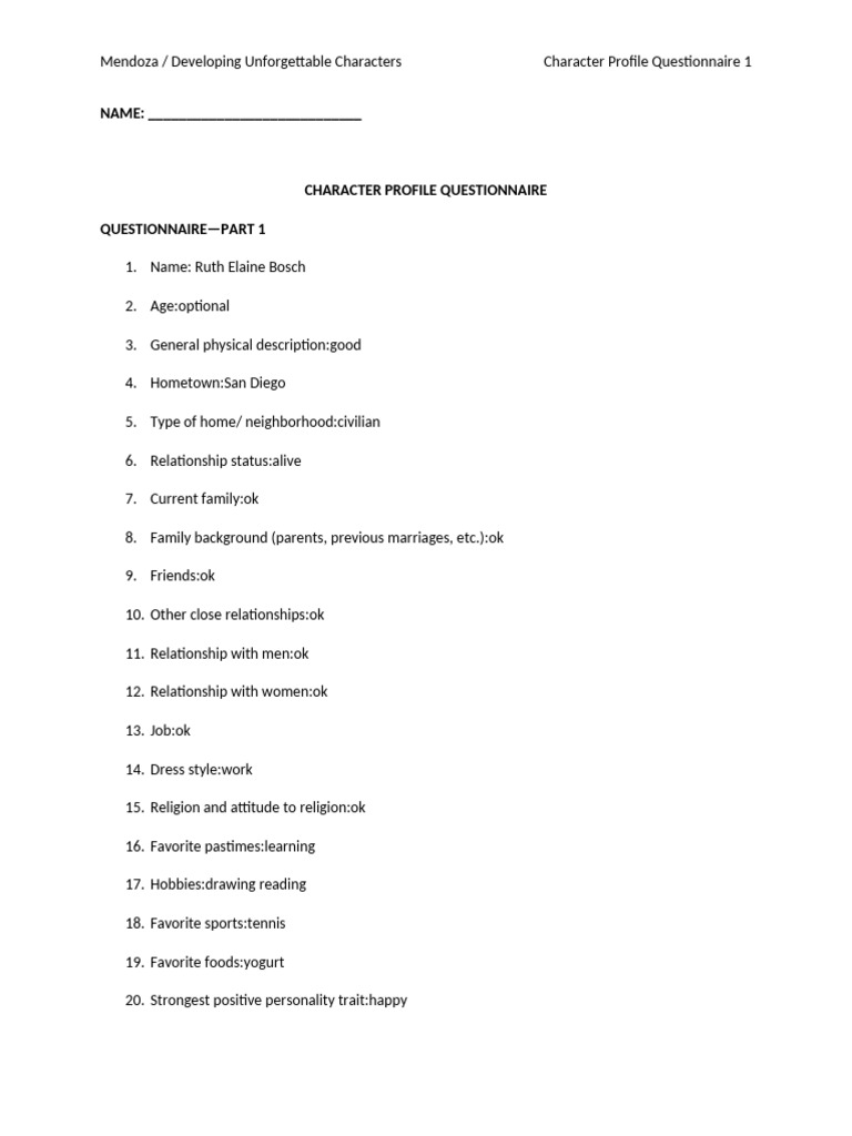 Character Profile Questionnaire 2 | PDF