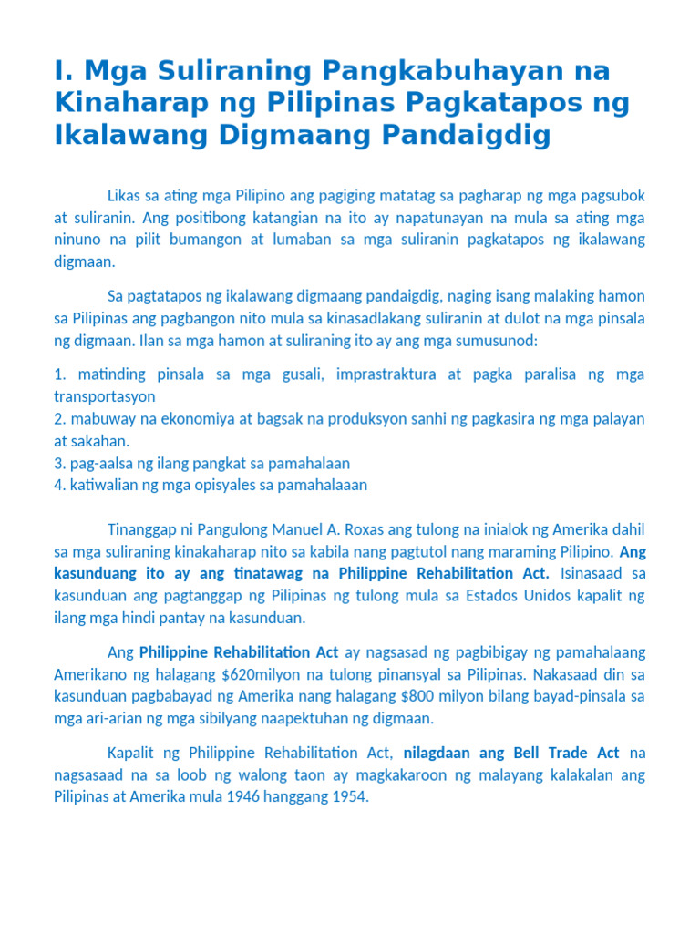 Lesson 1 Mga Suliraning Pangkabuhayan Na Kinaharap NG Pilipinas Pagkatapos NG Ikalawang Digmaang ...