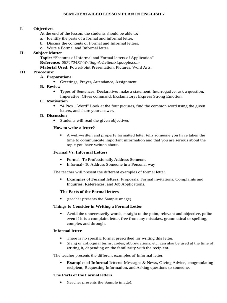 Lesson Plan: Writing Formal & Informal Letters | PDF | Question ...