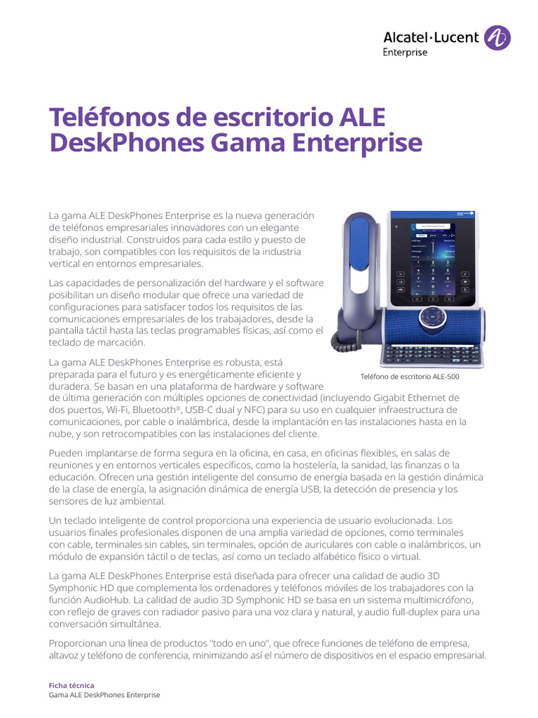 Ale Deskphones Enterprise Series Datasheet Español | PDF | Bluetooth | Smartphone