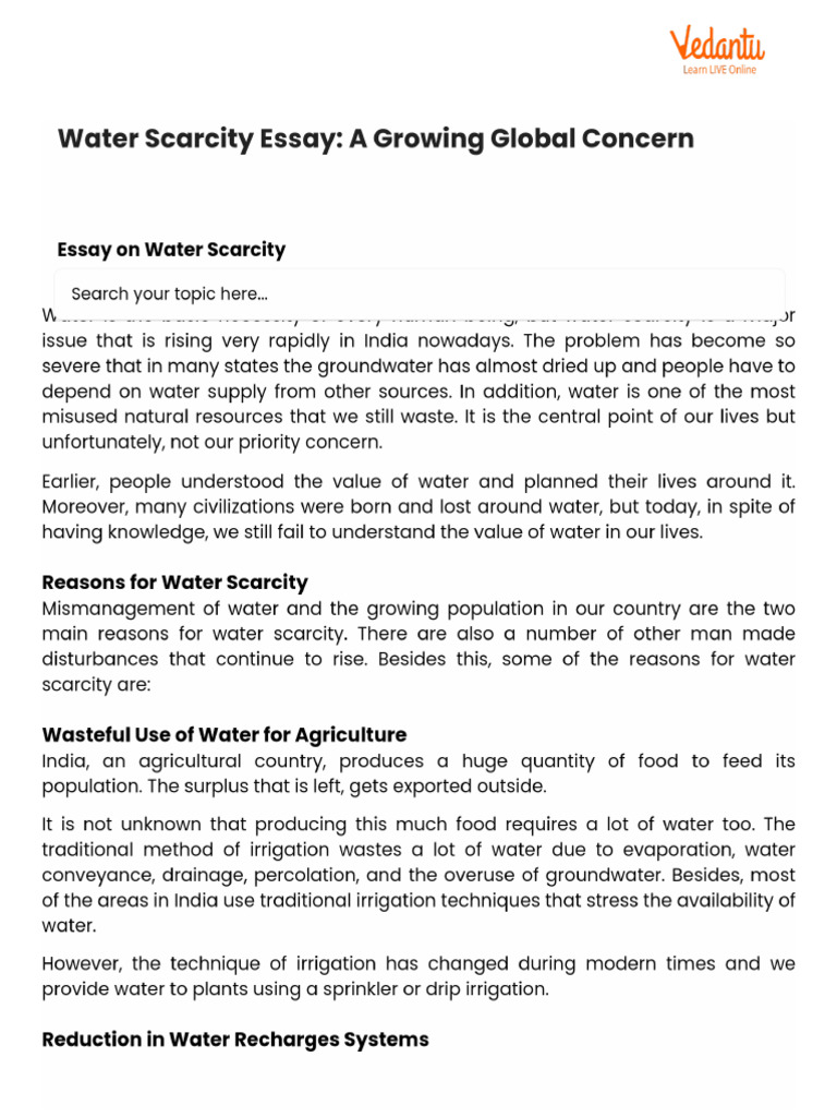 Water Scarcity Essay - A Growing Global Concern | PDF