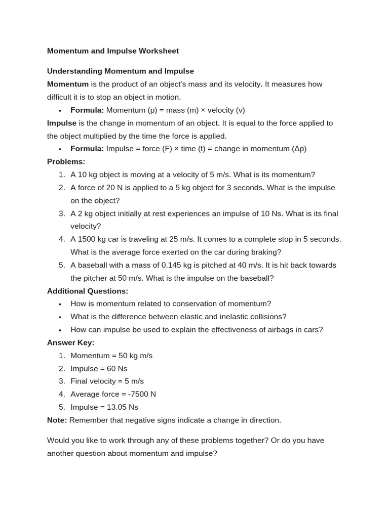 Momentum and Impulse Worksheet | PDF