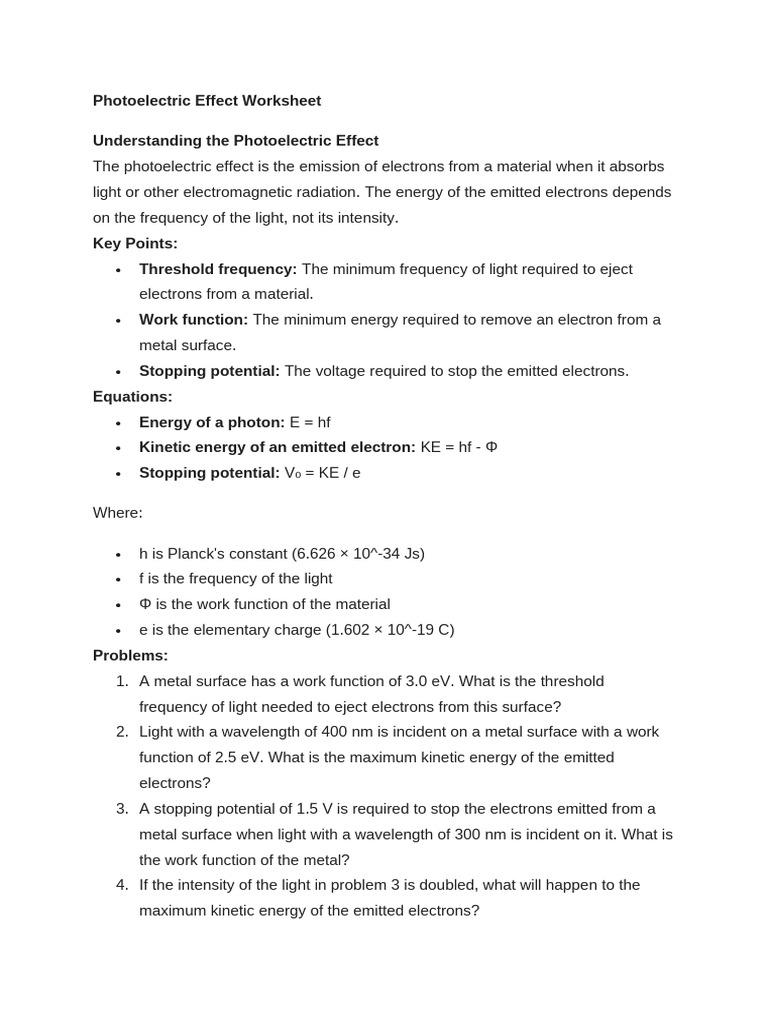 Photoelectric Effect Worksheet | PDF | Photoelectric Effect | Electron