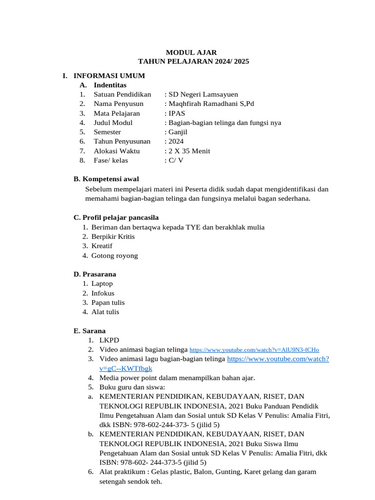 Modul Ajar IPAS: Telinga dan Fungsinya | PDF