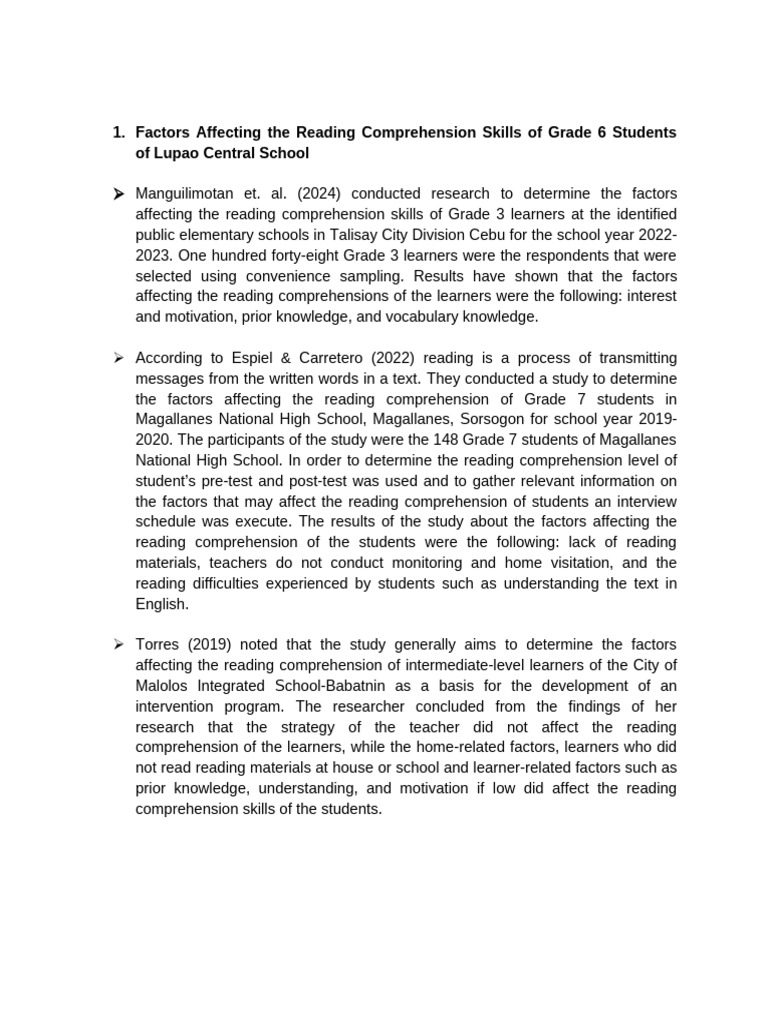 Factors Affecting The Reading Comprehension Skills of Grade 6 Students ...