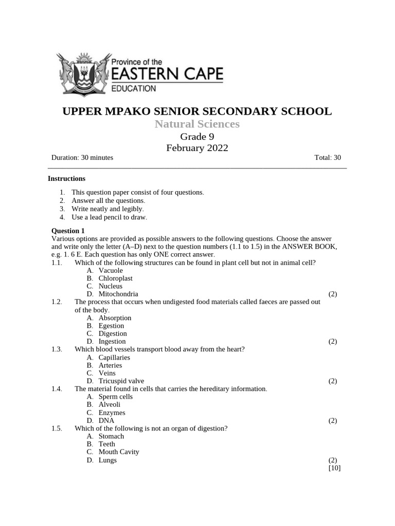 Grade 9 Natural Science Exam Paper | PDF | Digestion | Cell (Biology)
