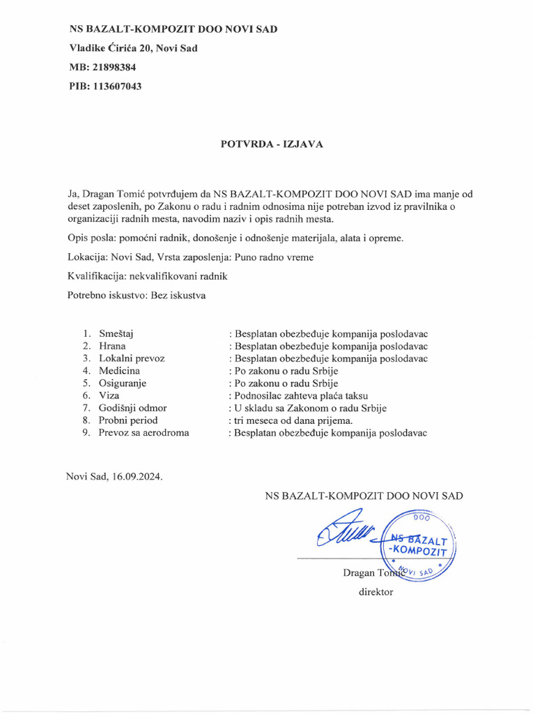 NS Bazalt Potvrda Izjava | PDF