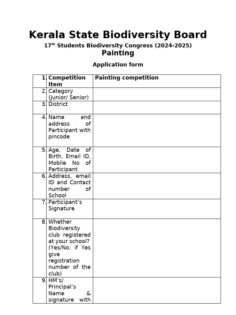 Kerala Biodiversity Painting Contest Form | PDF
