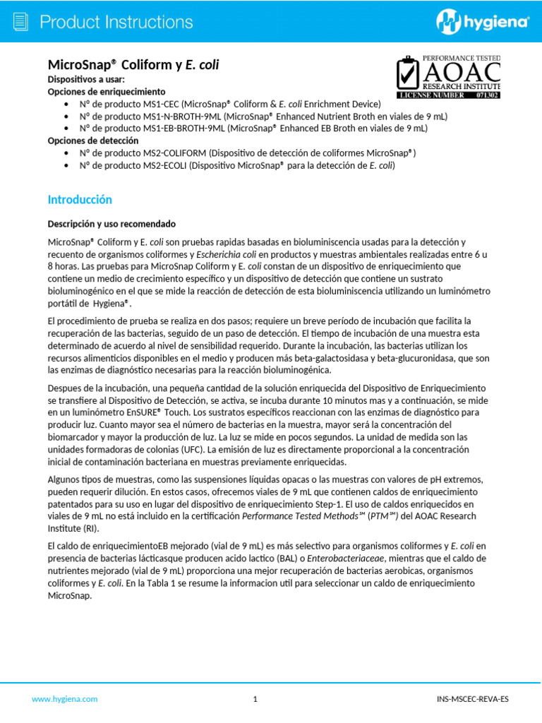 Microsnap-Coliform - E-Coli-Enrichment - Detection-Device-Instructions-Es | PDF | Escherichia ...