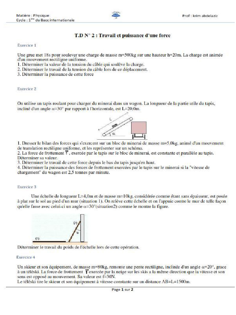 Travail Et Puissance D Une Force Exercices Non Corriges 5 | PDF