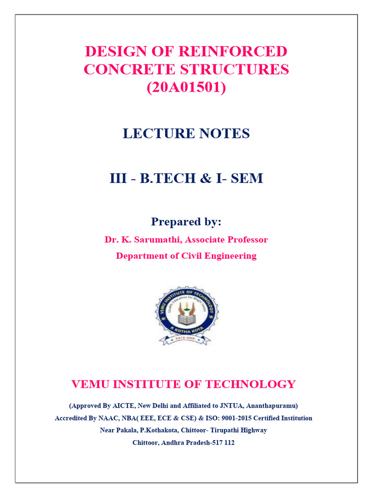 Design of Reinforced Concrete Structures (20A01501) : Lecture Notes Iii ...