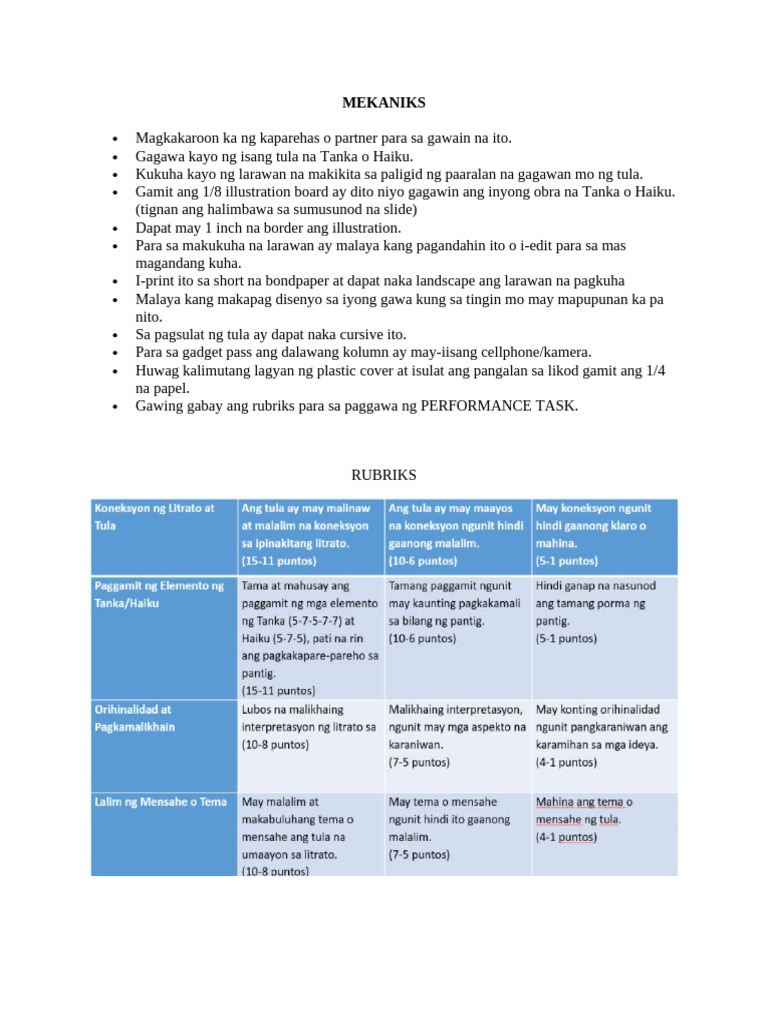 Mekaniks at Rubriks Sa Tanka at Haiku | PDF