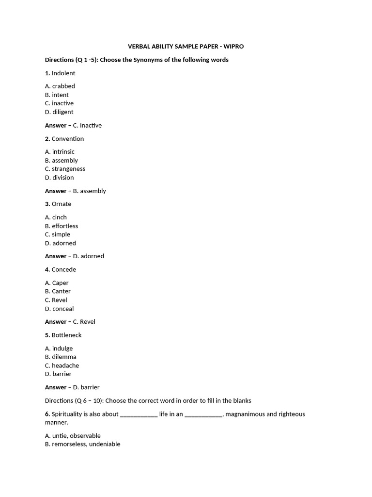 Wipro Verbal Ability Sample Paper | PDF