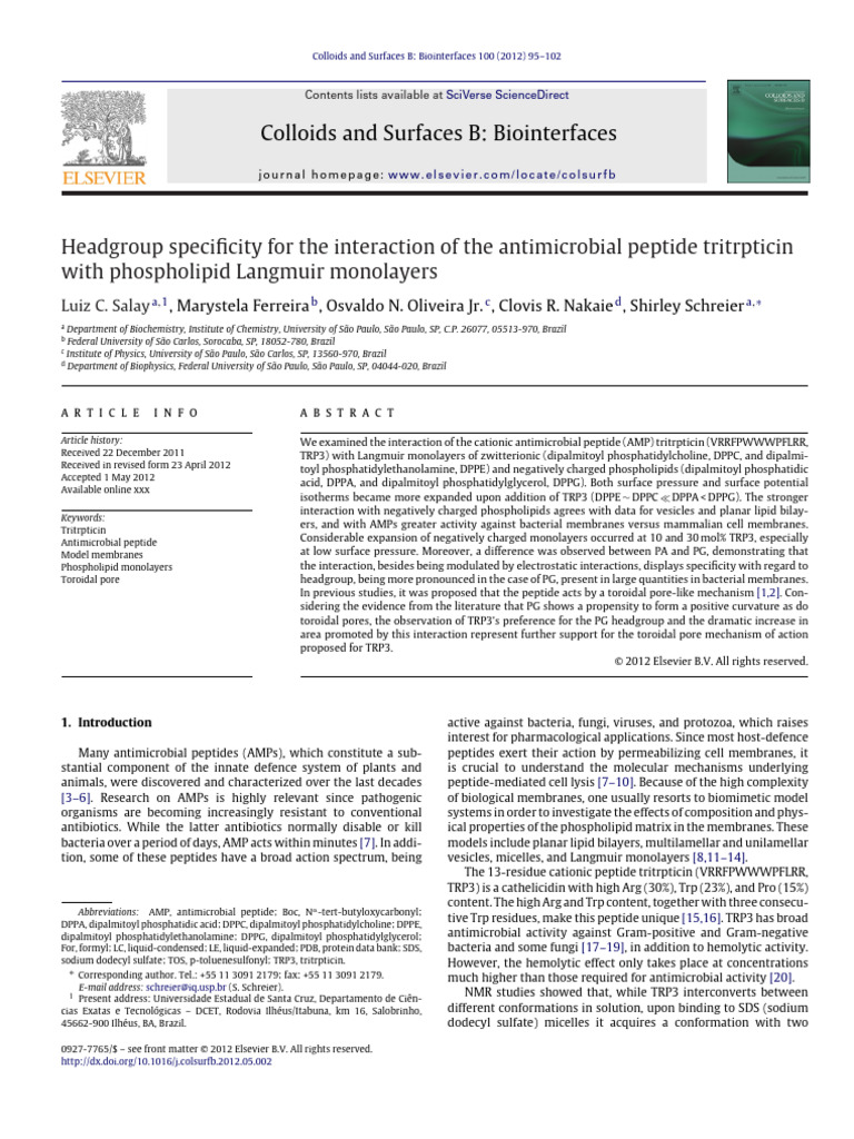 Tritrpticin Langmuir Films Colloid Surfaces B 2012 | PDF | Membrane Active Molecules | Membrane ...