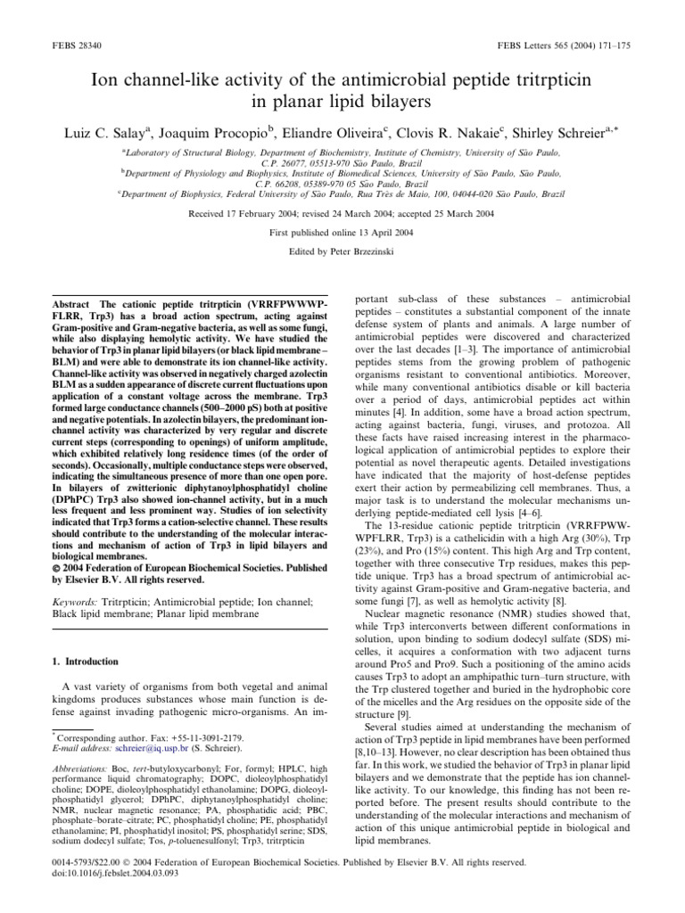 Tritrpticin Ion Channel Activity in Lipid Bilayers | PDF | Cell ...