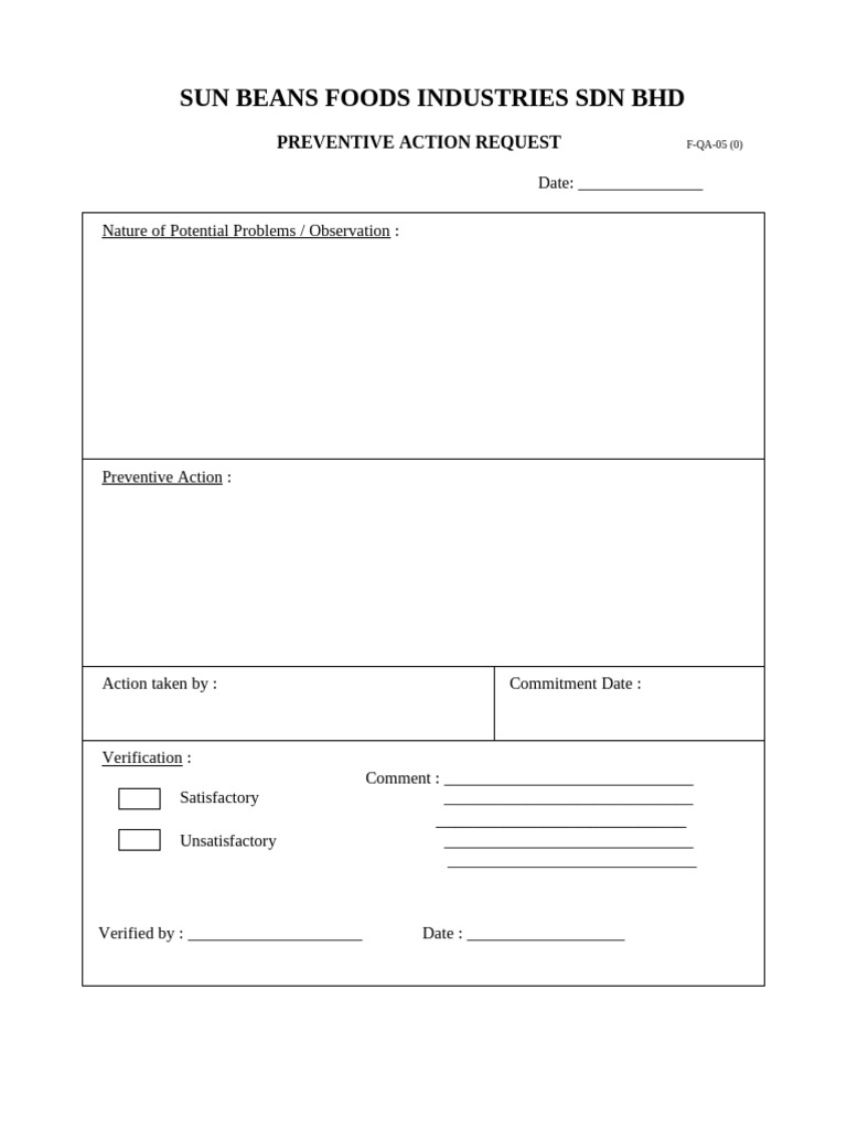 F-QA-05 Preventive Action Request | PDF