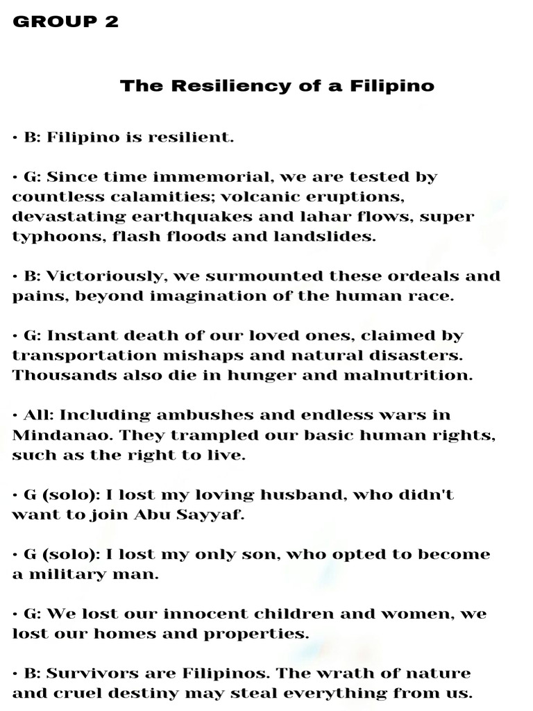 The Resiliency of a Filipino [3] • B Filipino is resilient. • G Since ...