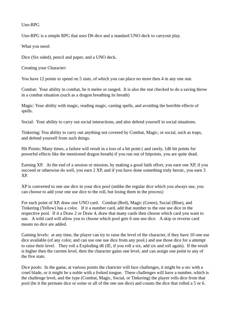 Uno RPG | PDF | Dice | Role Playing Video Games