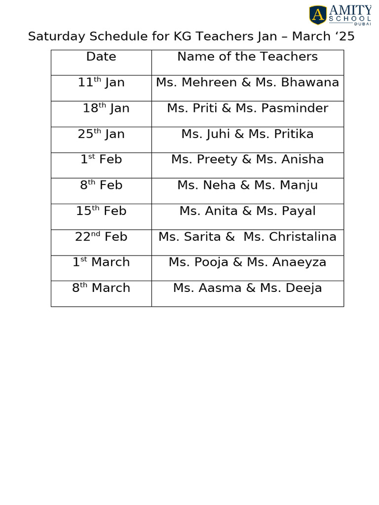 Saturday Schedule For KG Teachers - Jan - March '25 | PDF