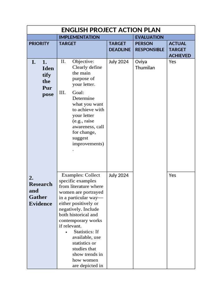 English Project Action Plan | PDF