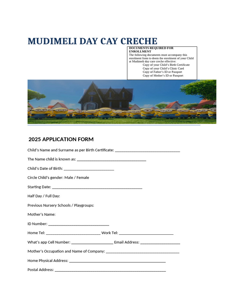 Mudimeli Day Care Enrollment Form | PDF | Child Care | Indemnity