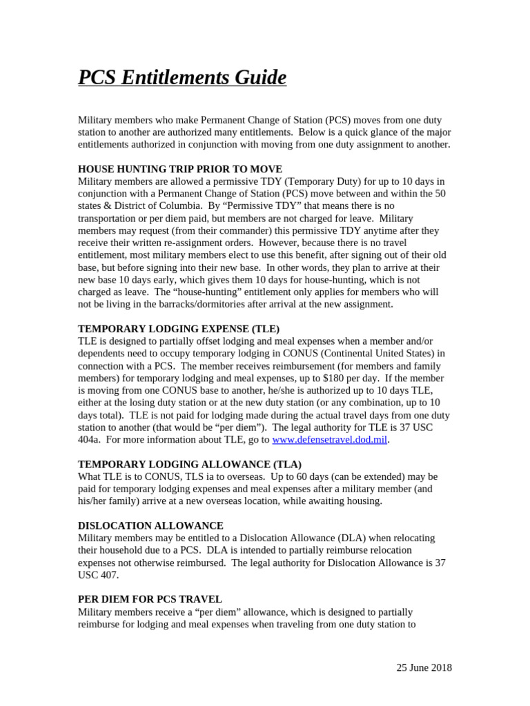 PCS ENTITLEMENT INFO SHEET v2 | PDF | Per Diem