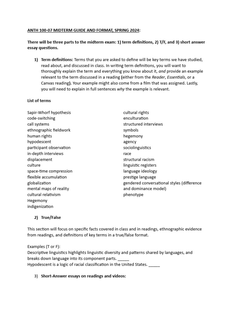 ANTH 100-07 Midterm Study Guide 2024 | PDF | Liberal Arts Education | Human Communication