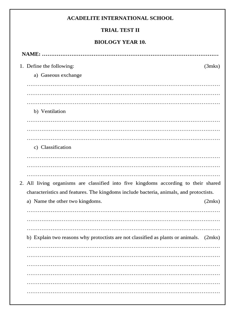 Year 10 Biology Trial Test Questions | PDF | Cellular Respiration | Biology