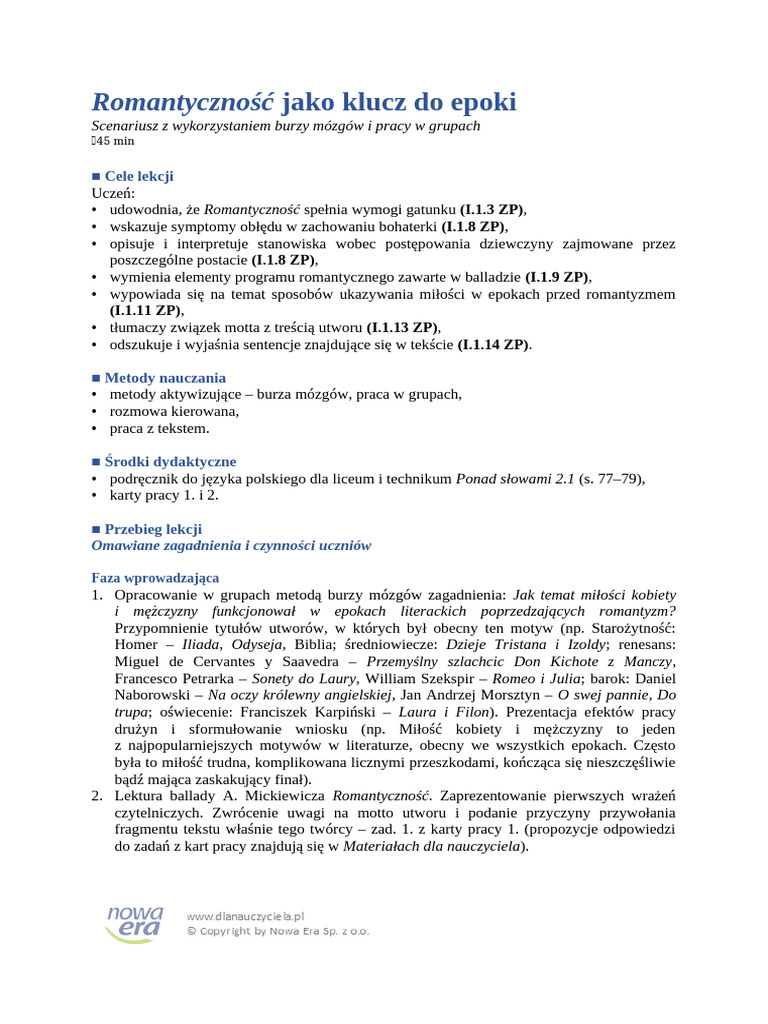 Scenariusz Lekcji Romantycznosc Jako Klucz Do Epok | PDF