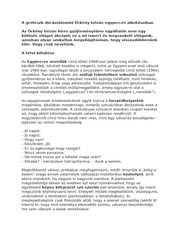 A Groteszk Ábrázolásmód Örkény István Egyperces Alkotásaiban | PDF
