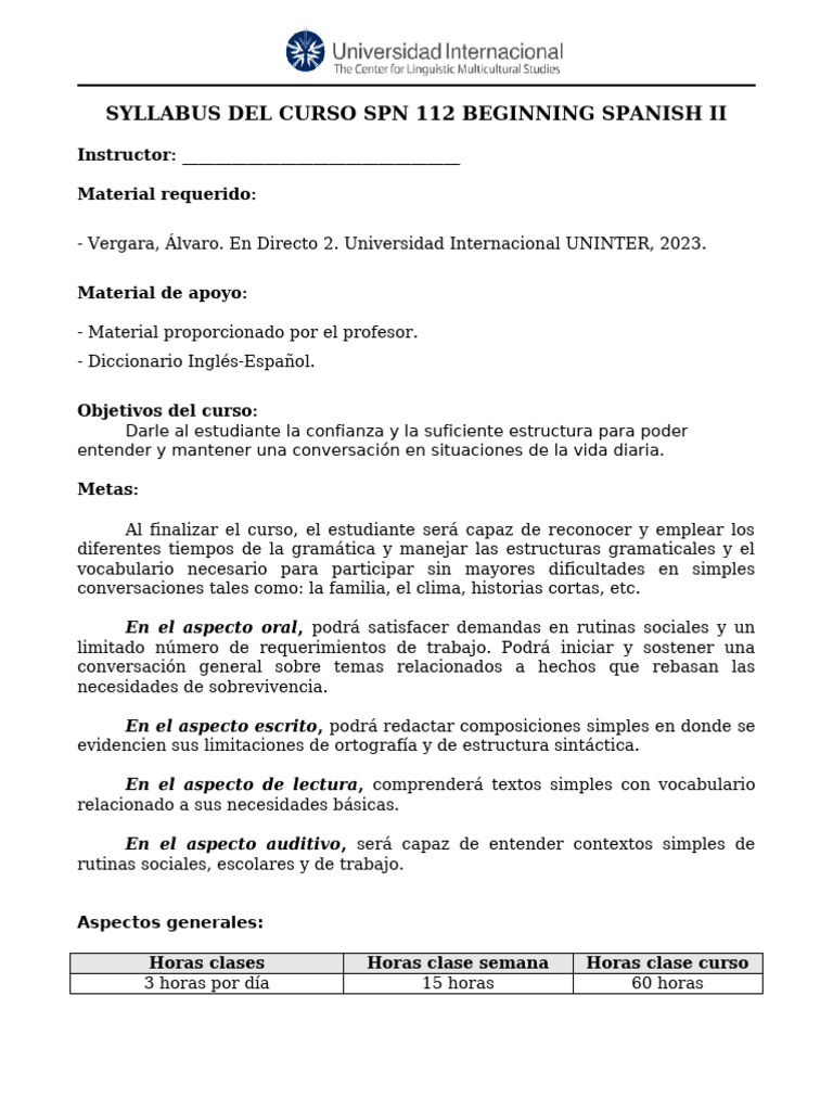 Syllabus Curso SPN 112 Español II | PDF | Léxico | Verbo
