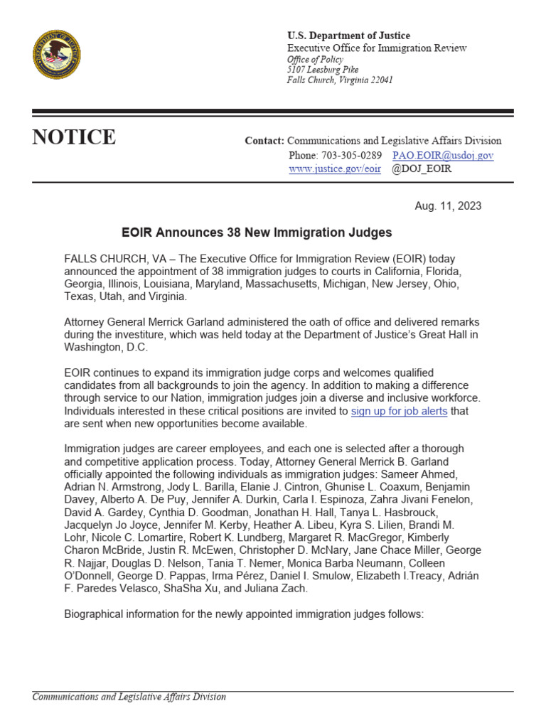 Eoir Announces 38 New Immigration Judges | PDF | Judge | Separation Of ...