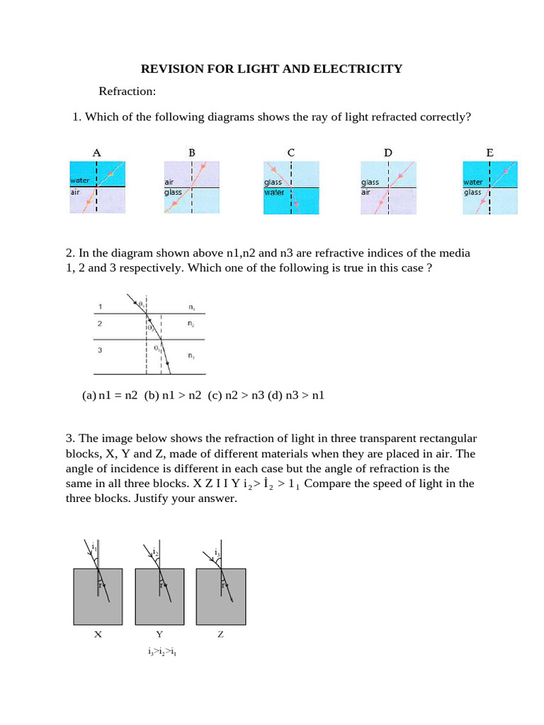 Light Refraction and Electricity Problems | PDF